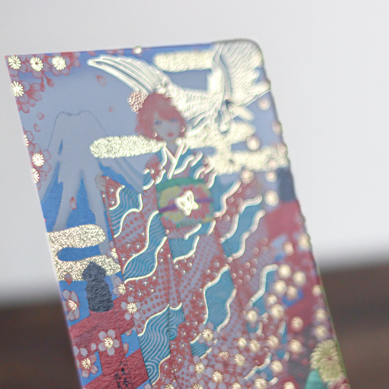 gold foil postcard "Fuji with flowers and birds" by Shikanone